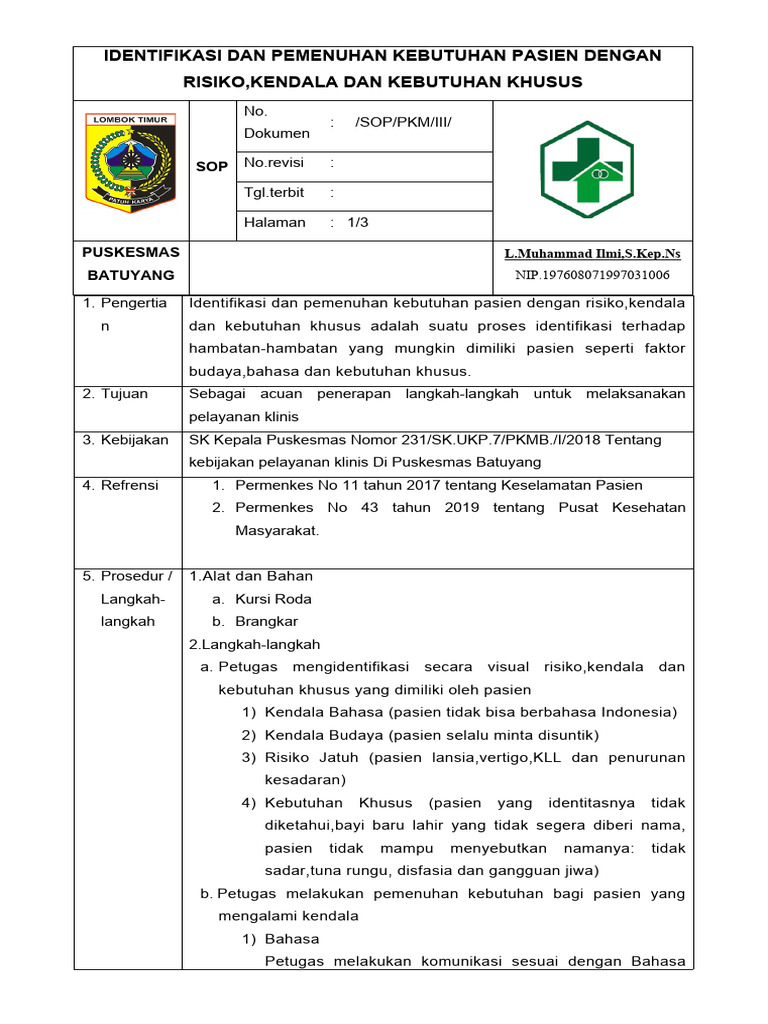 3.1 A2 SOP Identifikasi Dan Pemenuhan Kebutuhan Pasien Dengan Resiko, Kendala Dan Kebutuhan ...