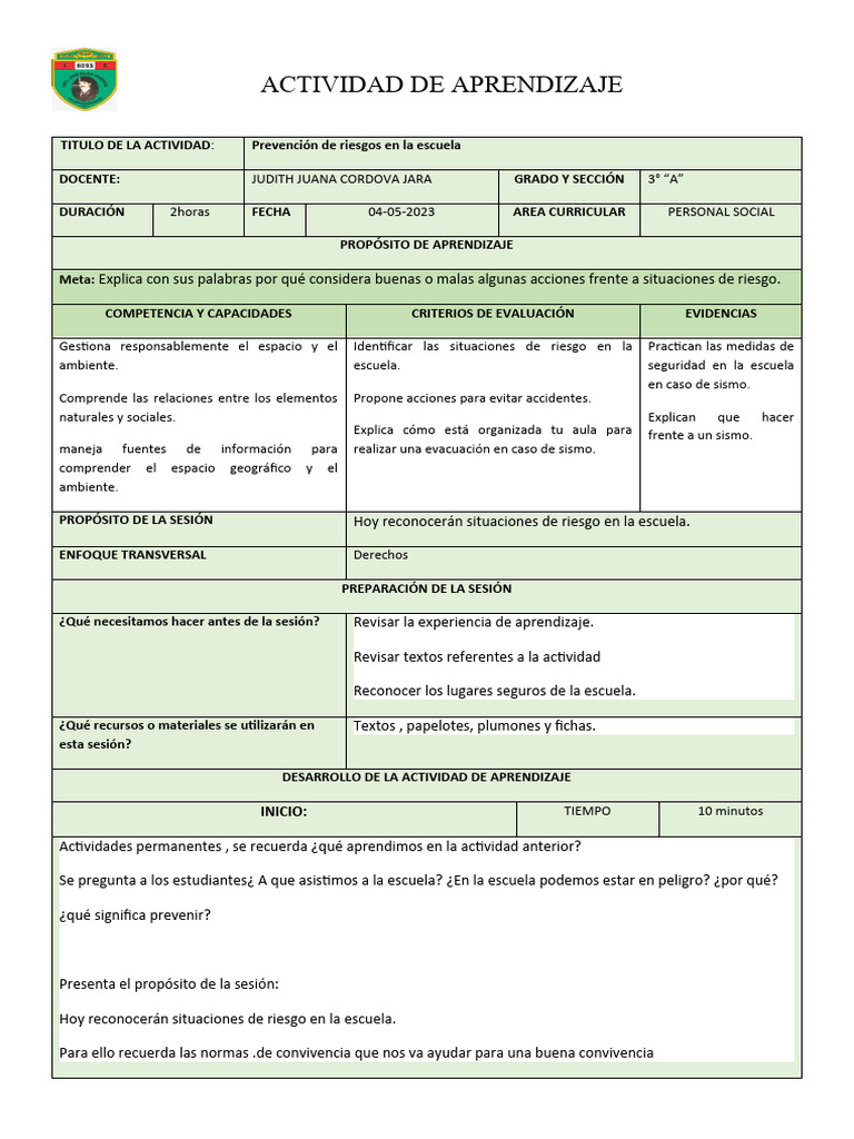 SESIÓN P.S Prevencion de Riesgo en La Escuela 05-05-23 | Descargar ...