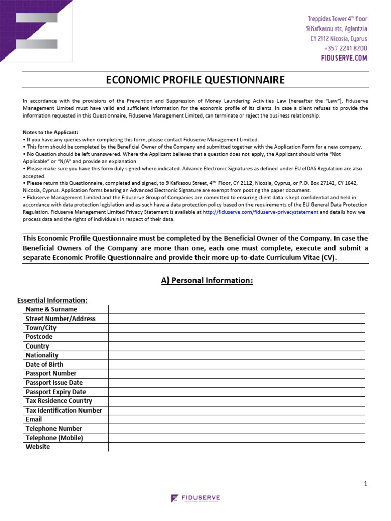 Fiduserve Management Ltd-Economic Profile Questionnaire-2021 | PDF | Loans | Wealth