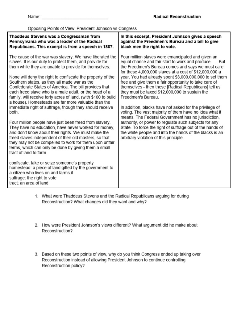 Congressional Reconstruction Handout 1 | PDF | Reconstruction Era ...