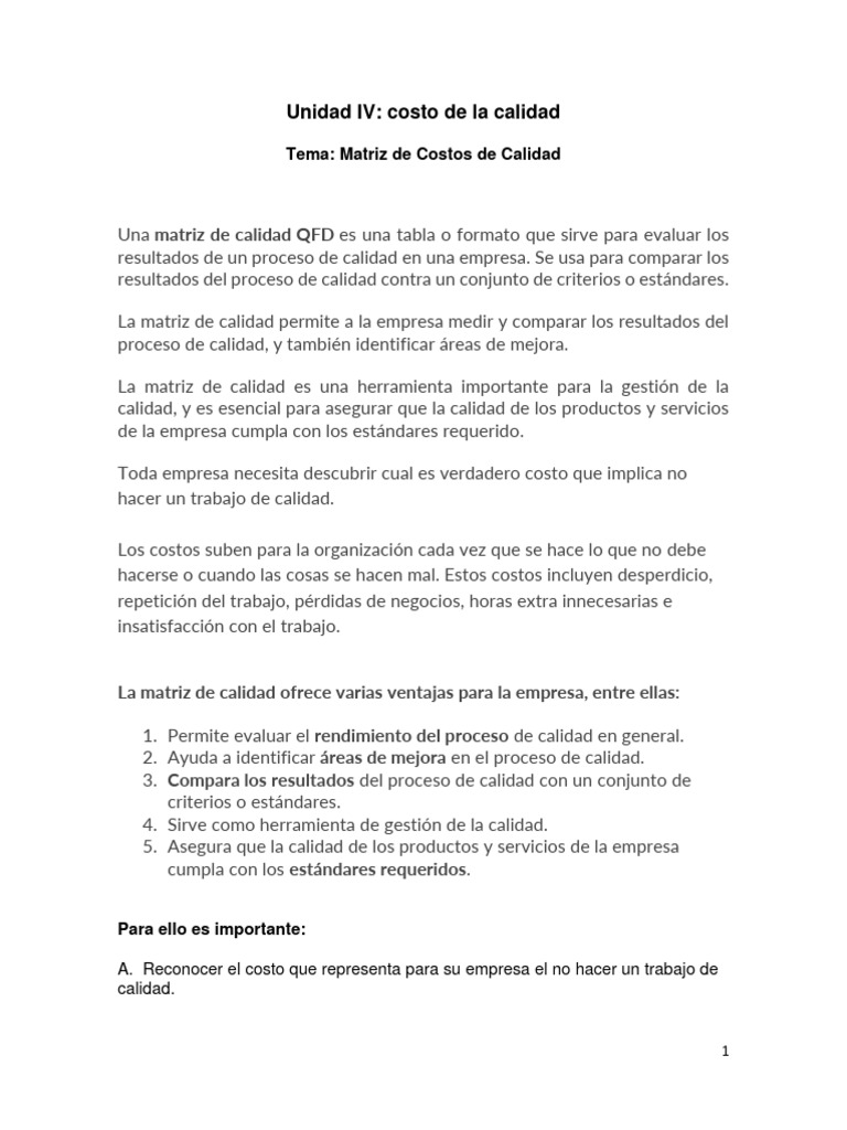Matriz de Costos de Calidad | PDF | Business | Gestión de la calidad