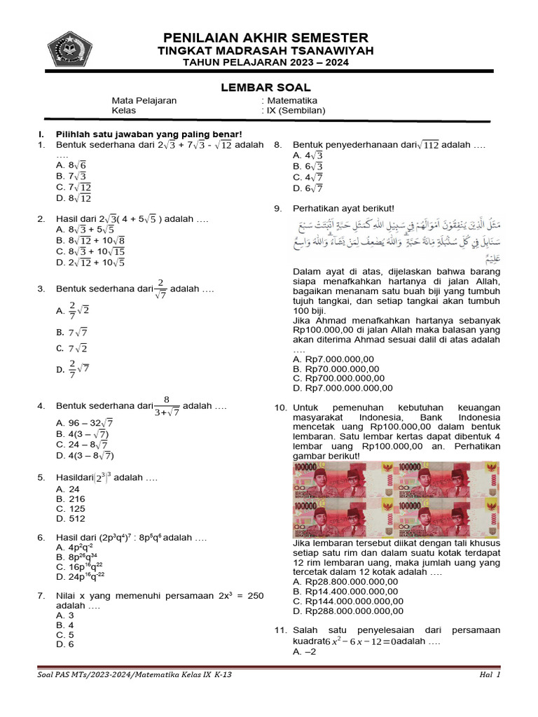 Soal Pas Matematika Kelas 9 K-13 Tapel 2023-2024 | PDF