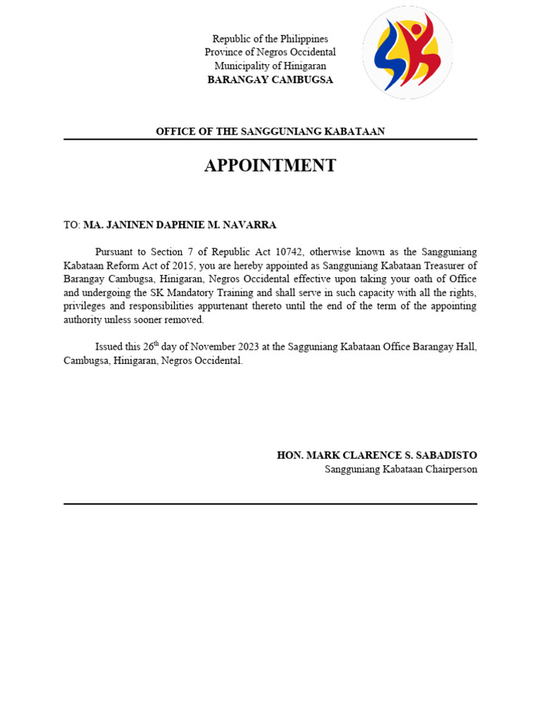 Letter of Appointment For Treasurer | PDF