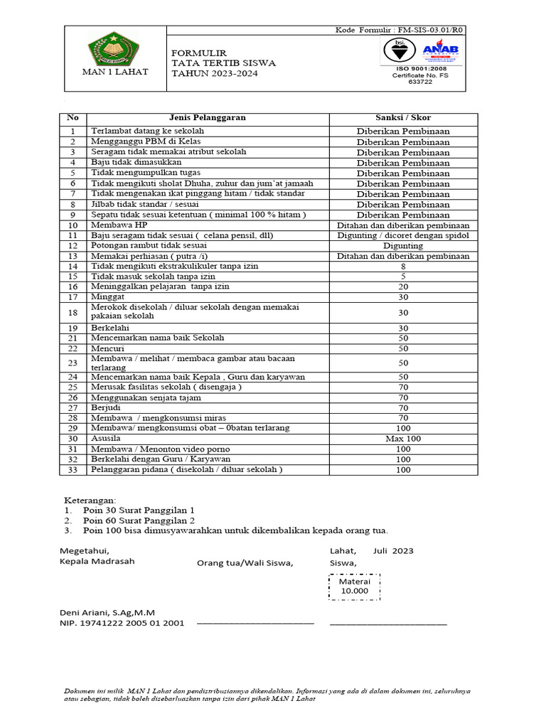 Form Tata Tertib Siswa | PDF