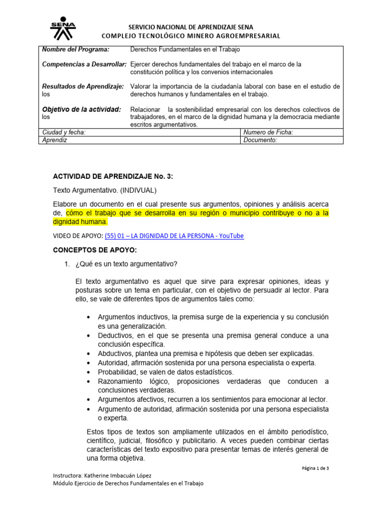 Actividad de Aprendizaje No. 3 - Texto Argumentativo Trabajo Decente y Dignidad Humana | PDF ...