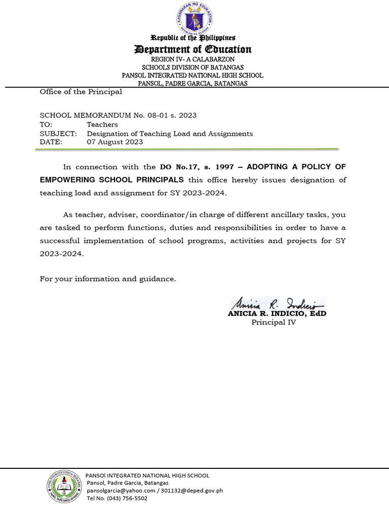 School Memo No. 08 01 Designation of Special Assignment | PDF ...