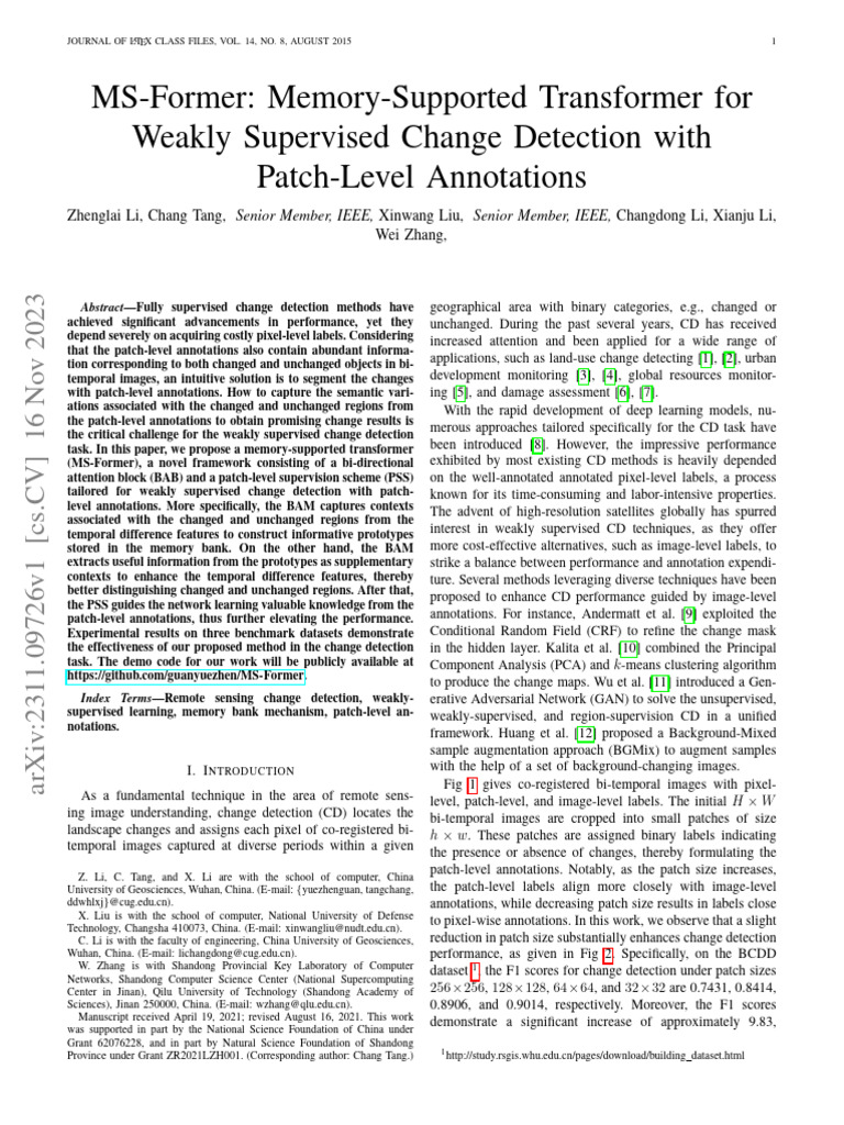 MS-Former: Memory-Supported Transformer For Weakly Supervised Change Detection With Patch-Level ...