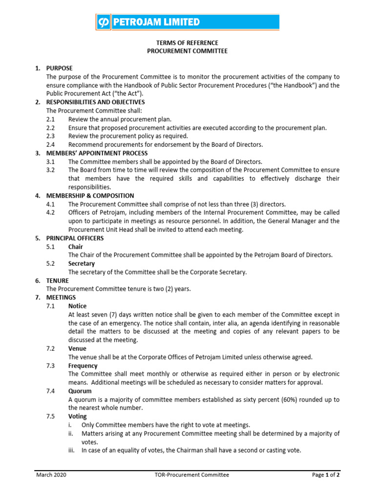 Terms of Reference - Procurement Committee | PDF | Committee | Board Of ...