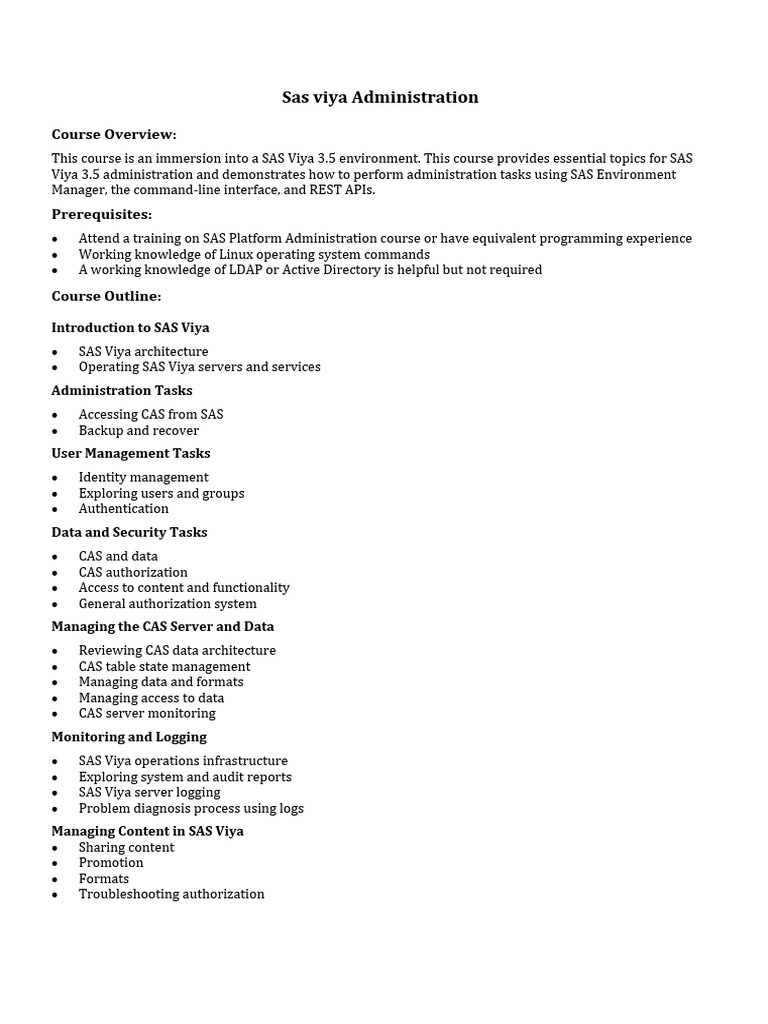 Sas Viya Administration Course Outline | PDF