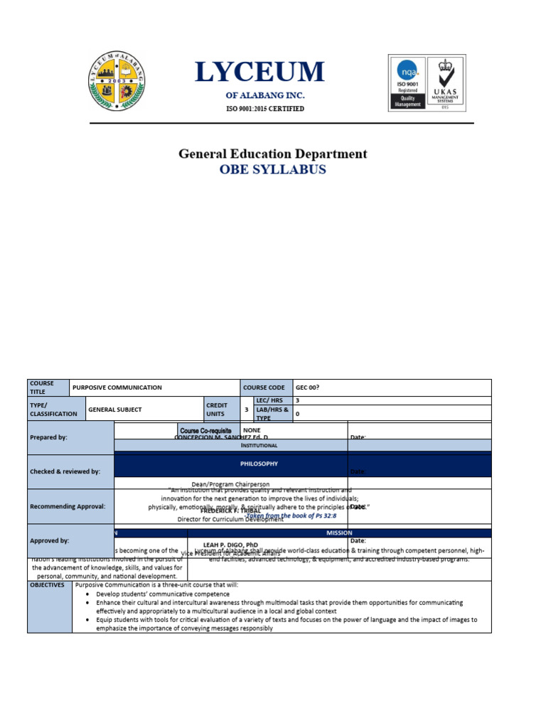 Obe-Syllabus - Purposive Ccommunication - Complete | PDF ...