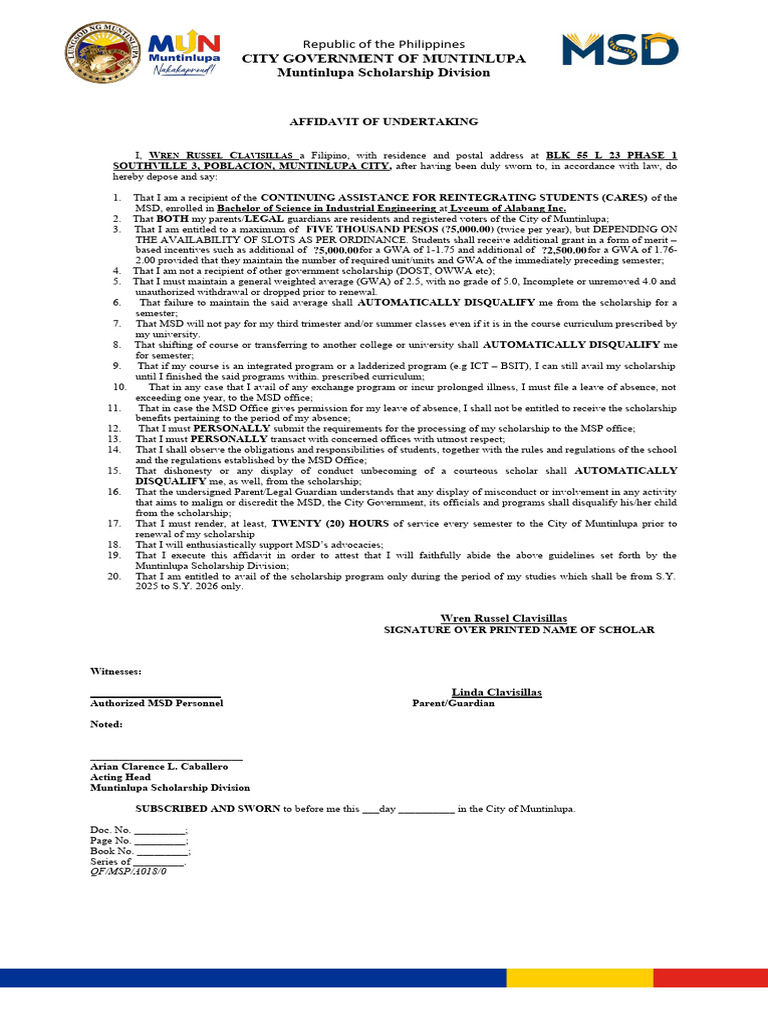 Affidavit of Undertaking - Cares - Revised Final | PDF | Justice | Crime & Violence