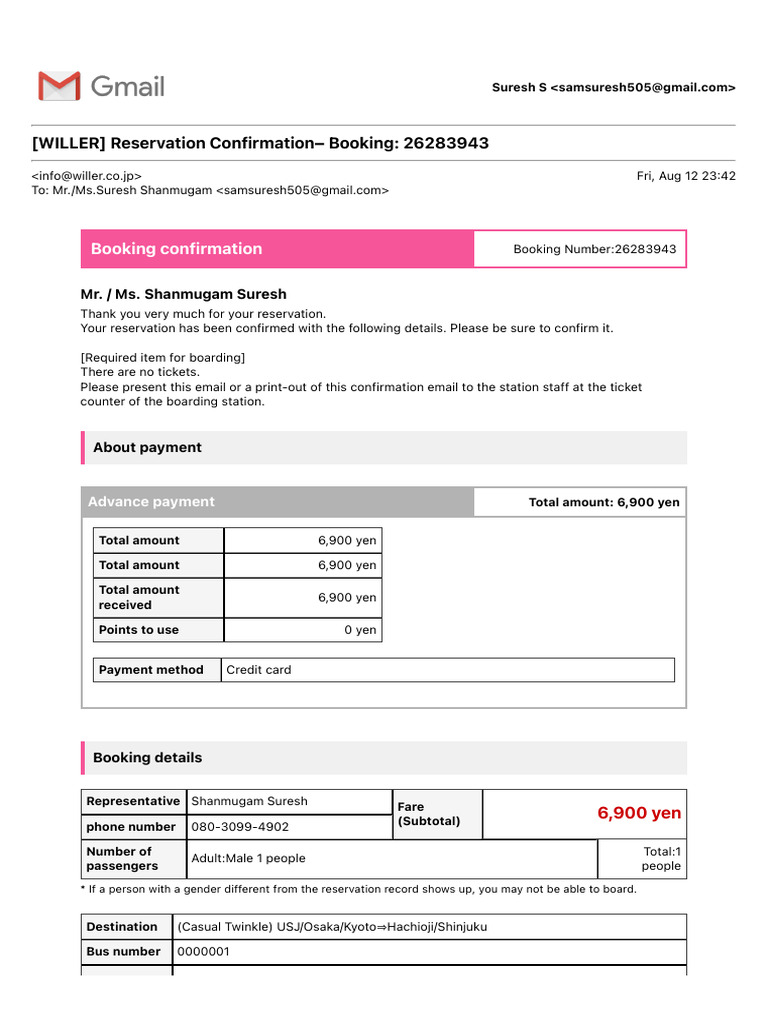 (WILLER) Reservation Confirmation - Booking 26283943 | PDF | Land ...