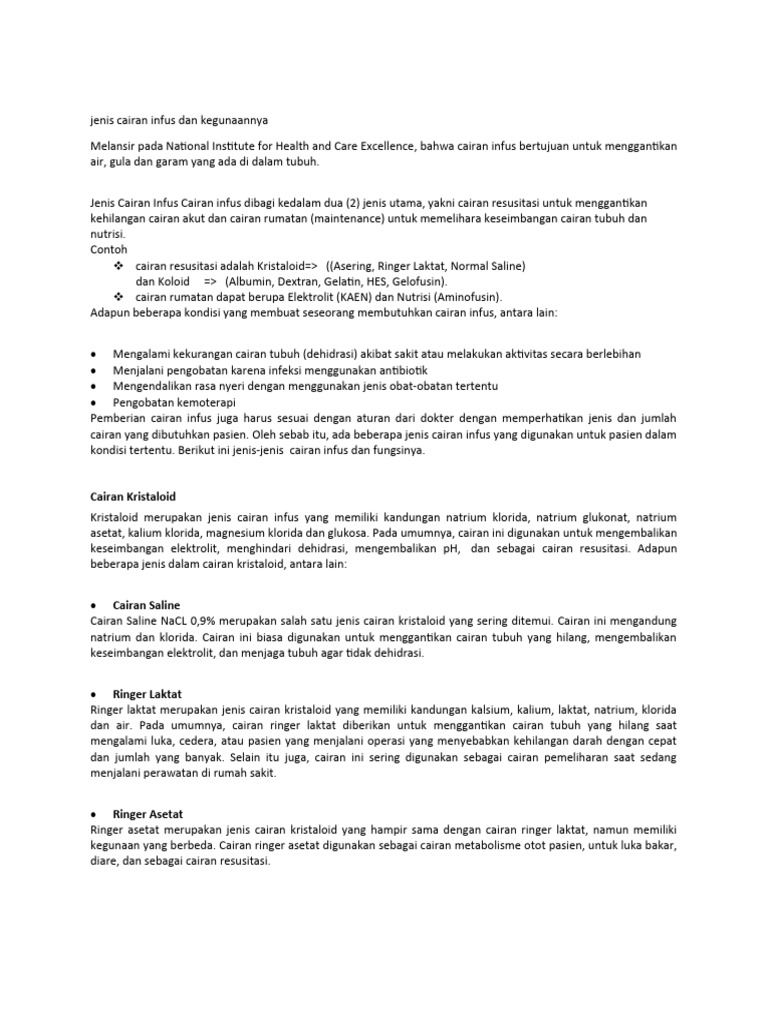 Jenis Cairan Infus Dan Kegunaannya | PDF | Kesehatan Holistik