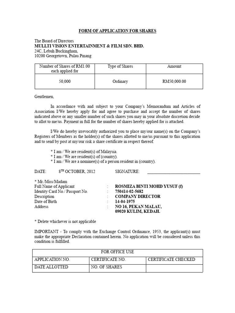 Form of Application For Shares | PDF