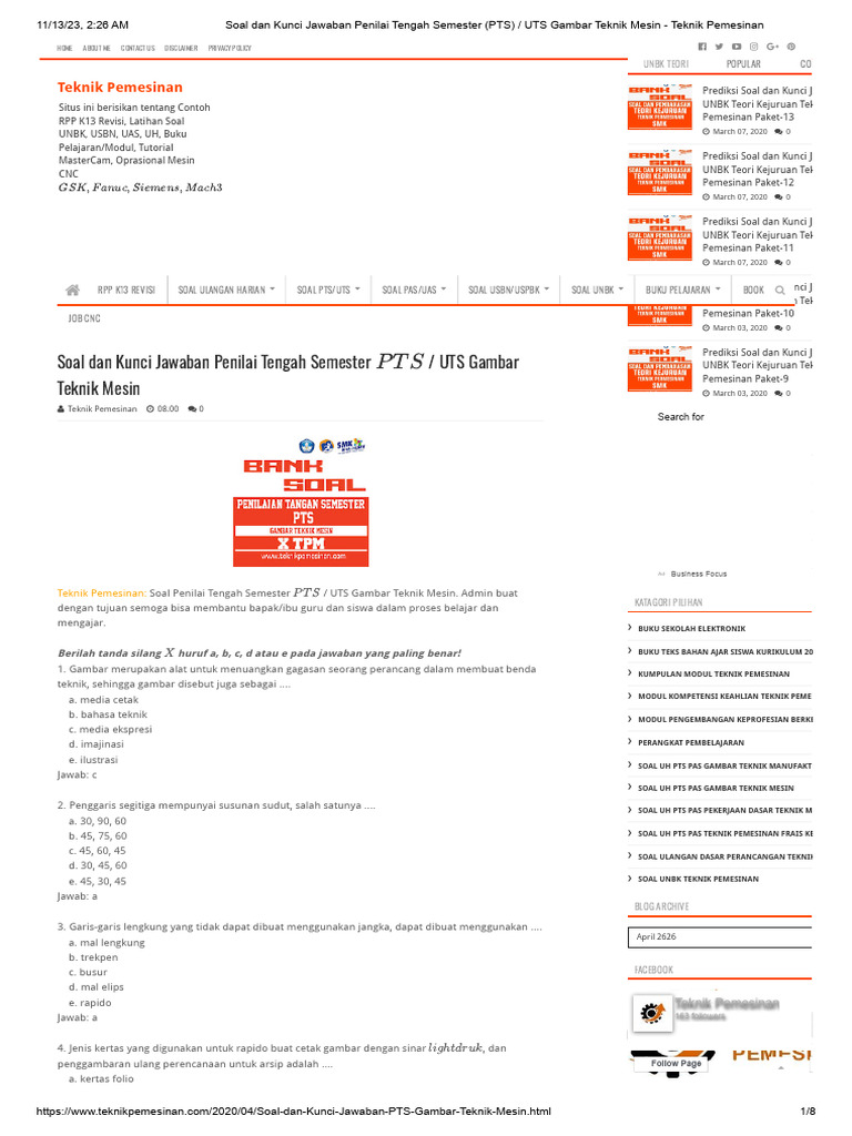 Soal Dan Kunci Jawaban Penilai Tengah Semester (PTS) - UTS Gambar Teknik Mesin - Teknik ...