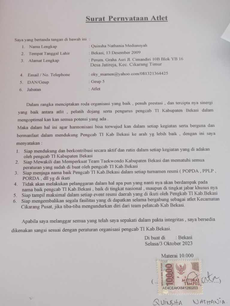 Surat Pernyataan Atlet-1 | PDF
