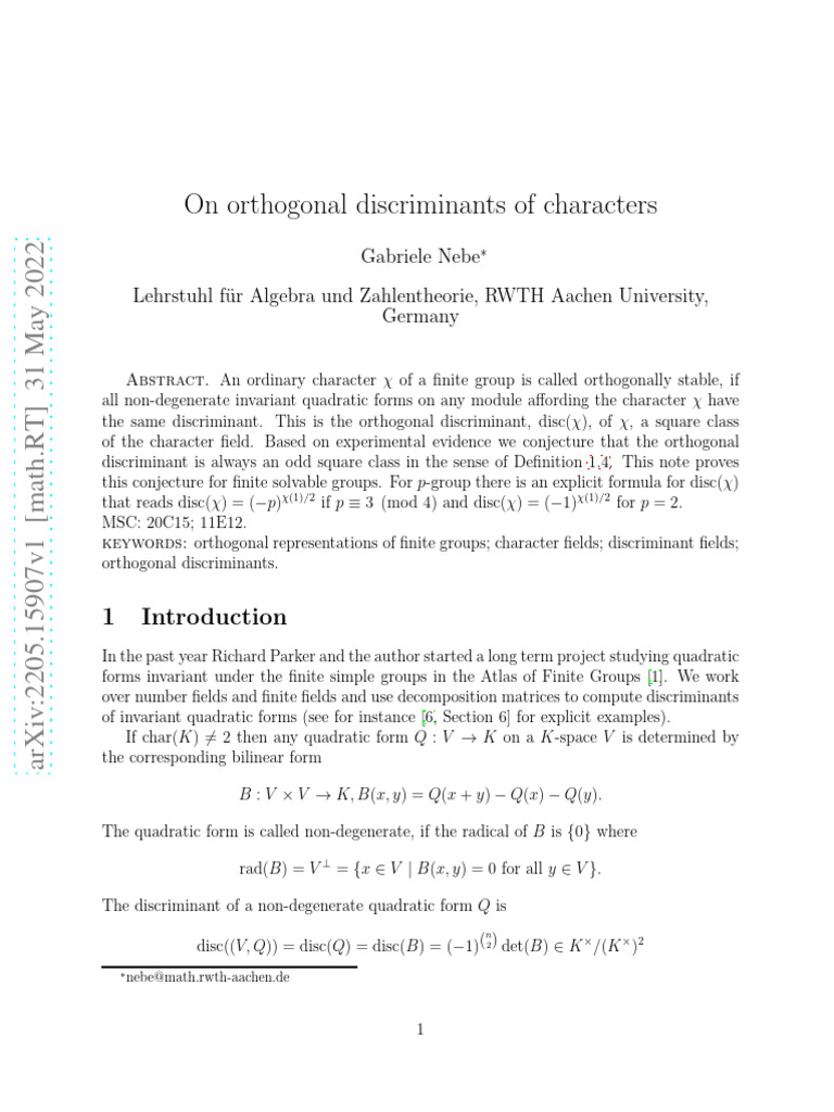 On Orthogonal Discriminants of Characters | PDF | Field (Mathematics) | Theorem