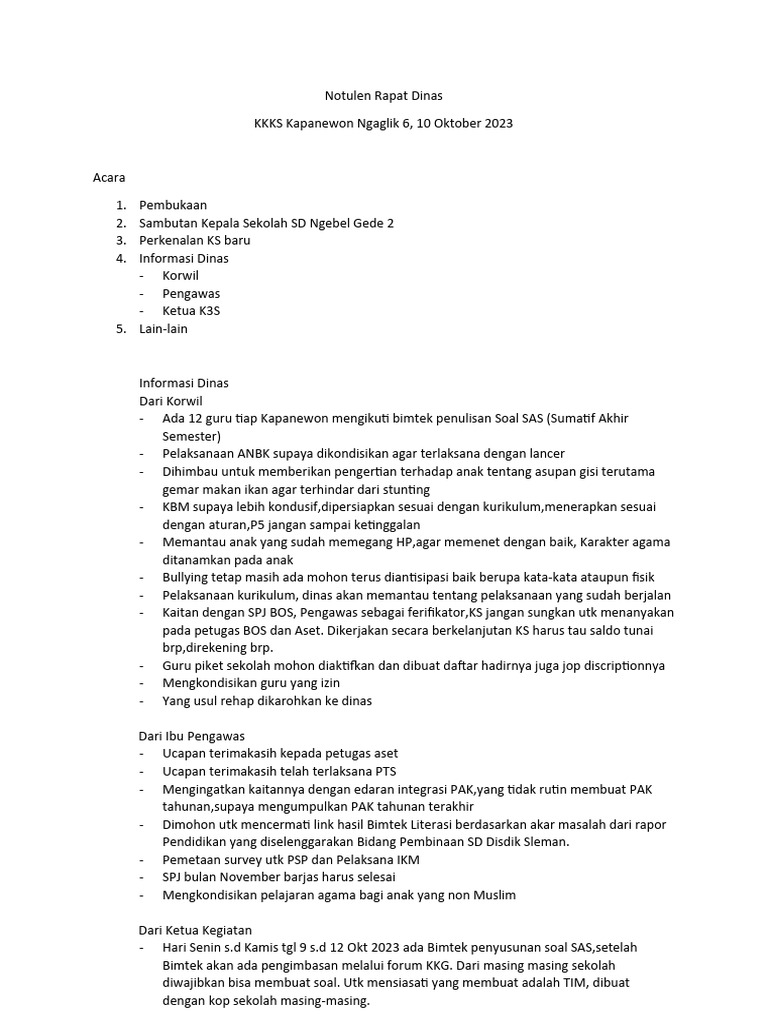 Notulen Rapat Dinas K3S Ngaglik | PDF