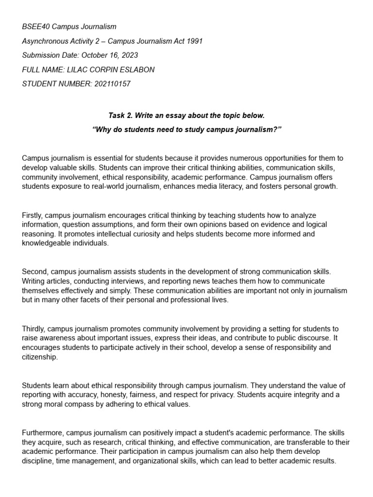 Task 2 Campus Journ | PDF | Critical Thinking | Journalism