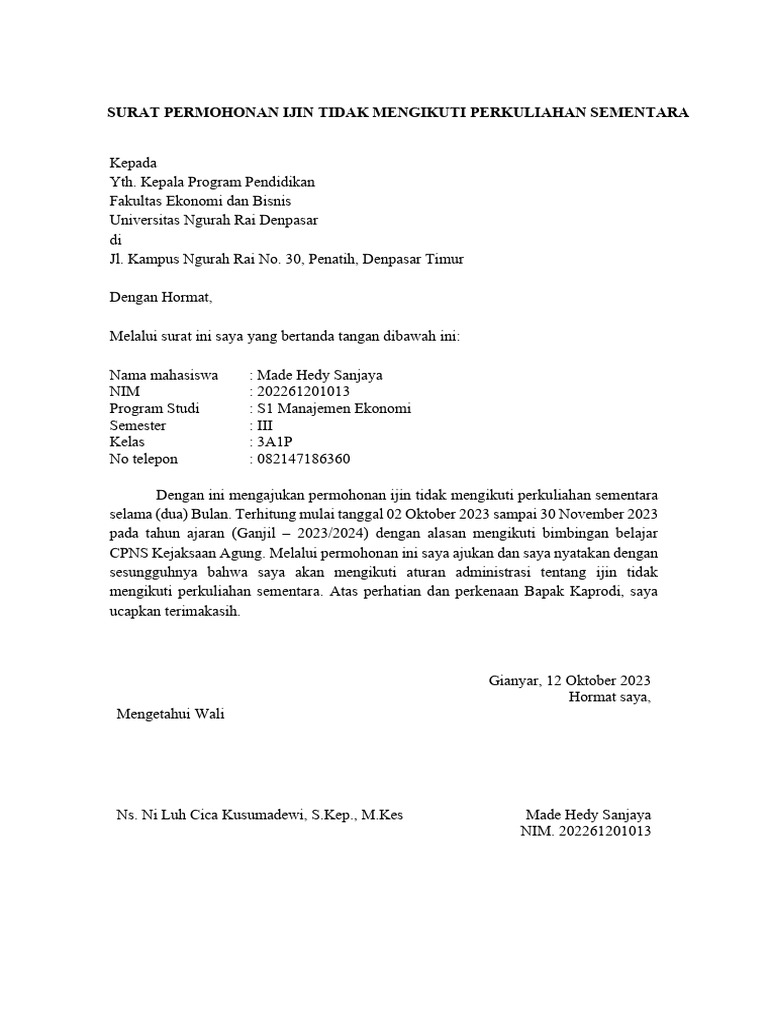 Surat Permohonan Ijin Tidak Mengikuti Perkuliahan Sementara | PDF