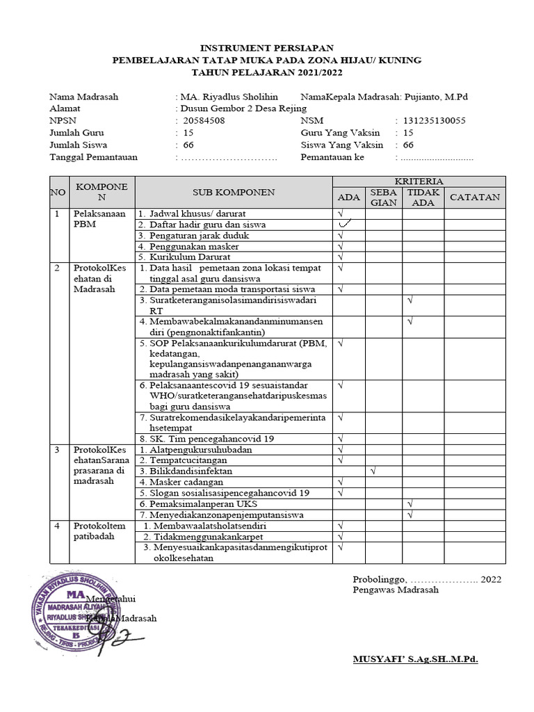 Musyafi' Instrument Monev Pembelajaran Tatap Muka Pada Zona Hijau | PDF ...