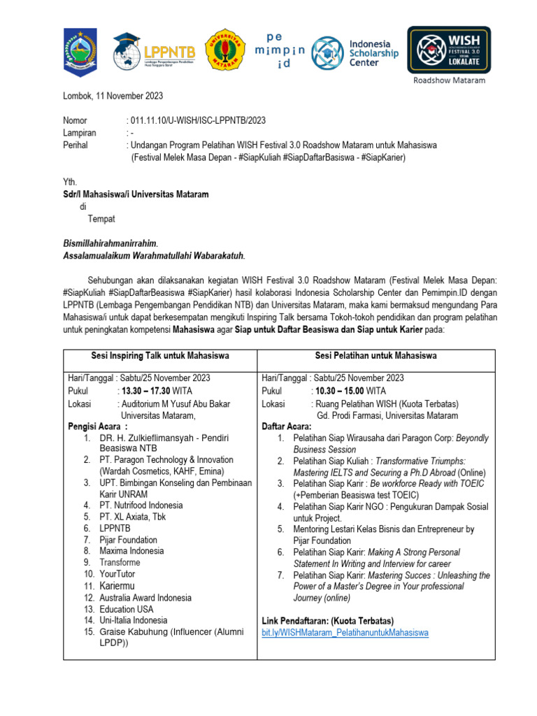 Undangan Peserta Mahasiswa Universitas Mataram - Wish Festival 3.0 ...