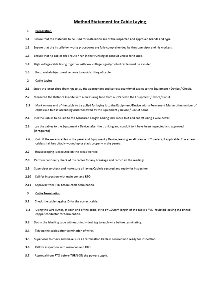 Cable Laying Method Statement Guide | PDF