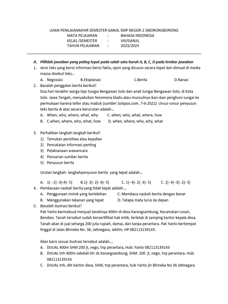 A. Pilihlah Jawaban Yang Paling Tepat Pada Salah Satu Huruh A, B, C, D Pada Lembar Jawaban | PDF