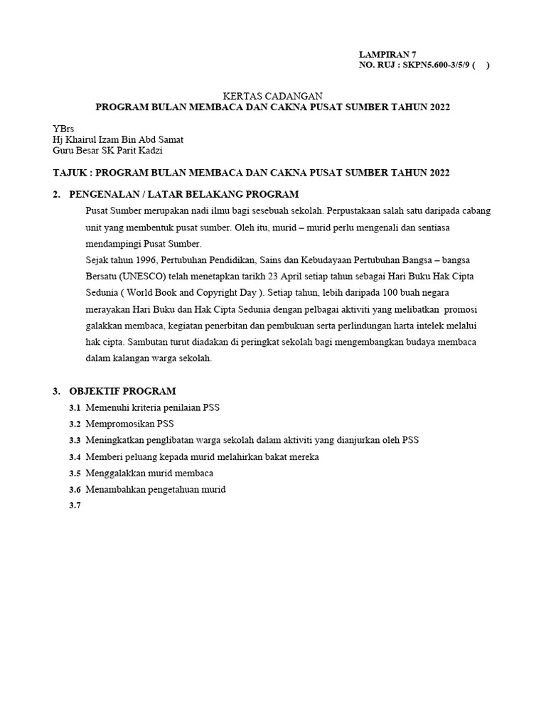 Kertas Kerja Program Bulan Membaca Dan Cakna Pusat Sumber 2022 | PDF