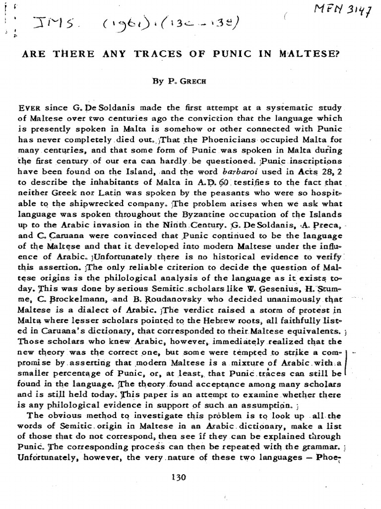 Are There Any Traces of Punic in Maltese by P. Grech. JMS.1 (1961) (130 ...