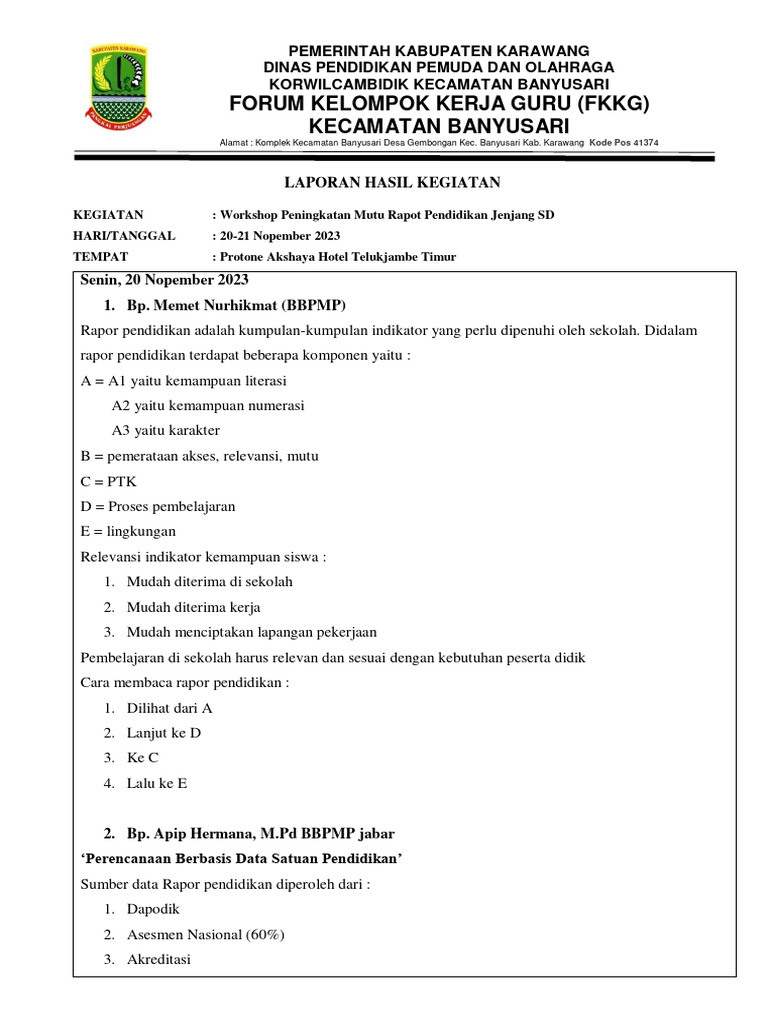 Workshop Peningkatan Mutu Rapor Sd Pdf