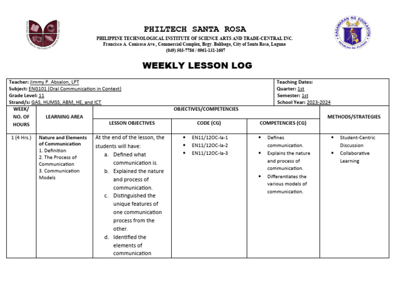 Weekly Lesson Log | PDF | Communication | Behavior Modification