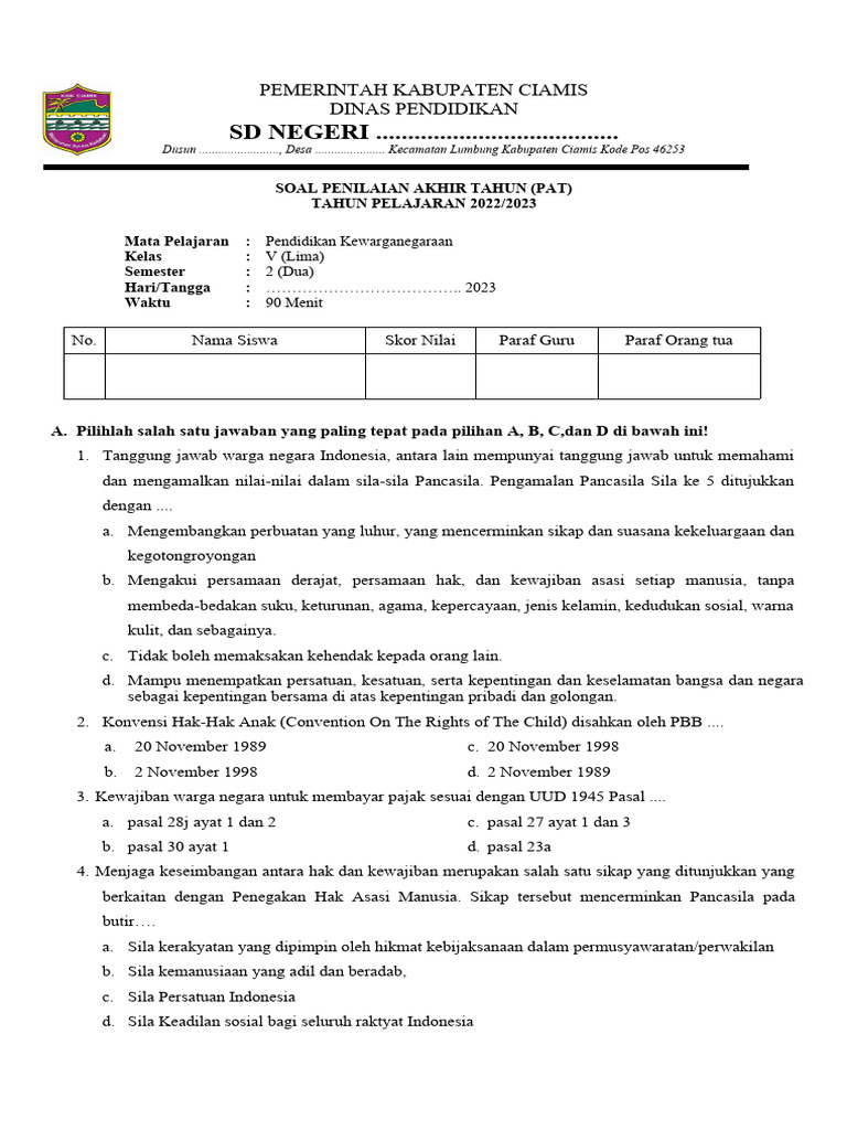 Soal PAT PPKN Kelas 5 SD Semester 2 Kurikulum 2013 | PDF