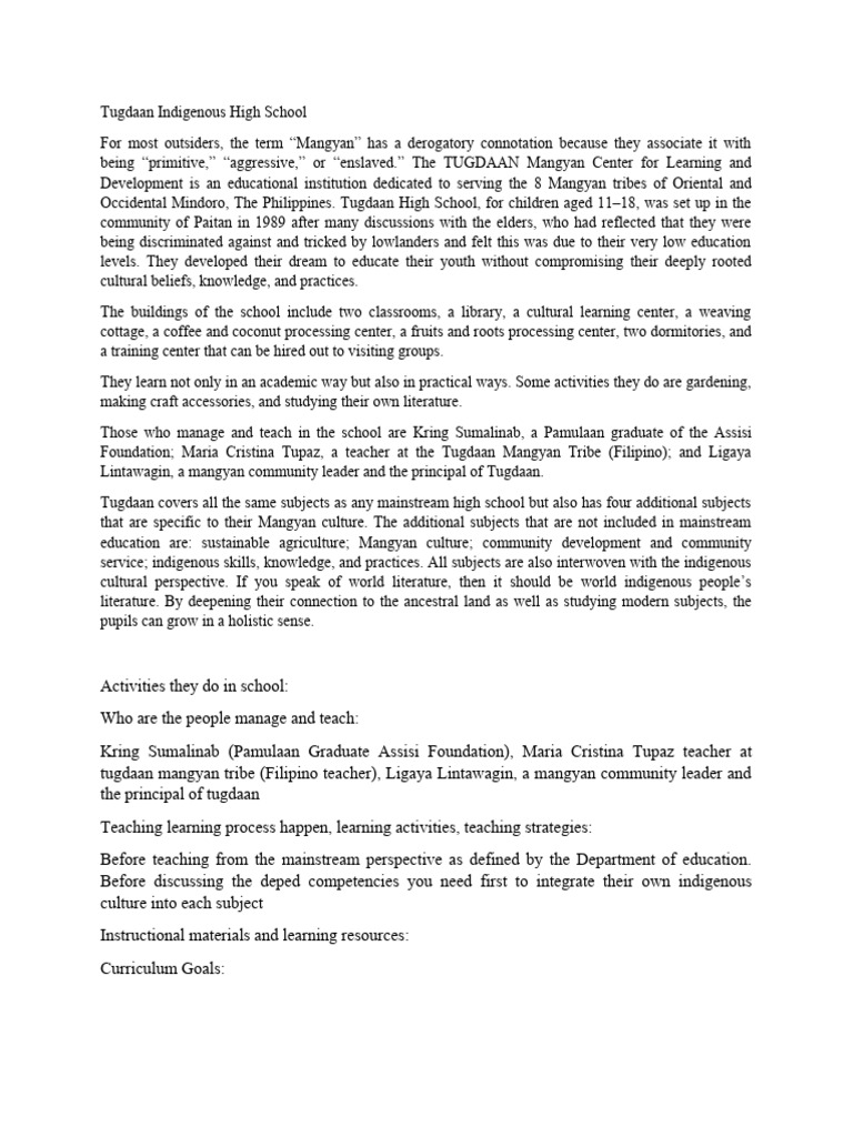 Tugdaan Indigenous High School | PDF | Cognition | Behavior Modification