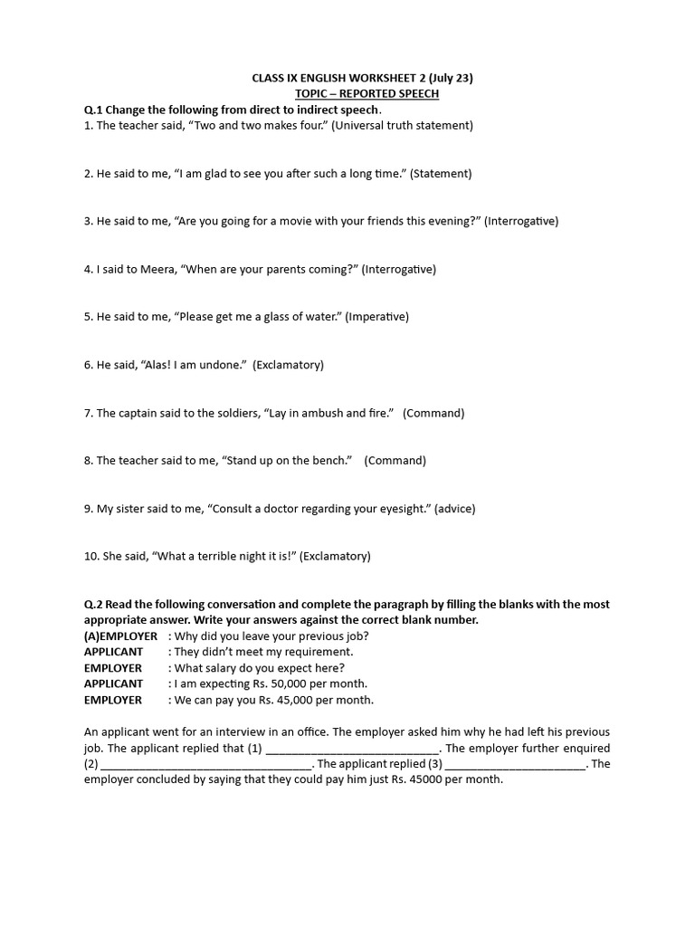 IX-Reported Speech Worksheet 2-May 23 | PDF | Waiting Staff