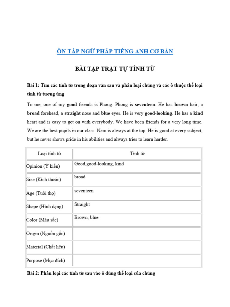 Bai Tap Trat Tu Tinh Tu Trong Tieng Anh Co Dap An | PDF