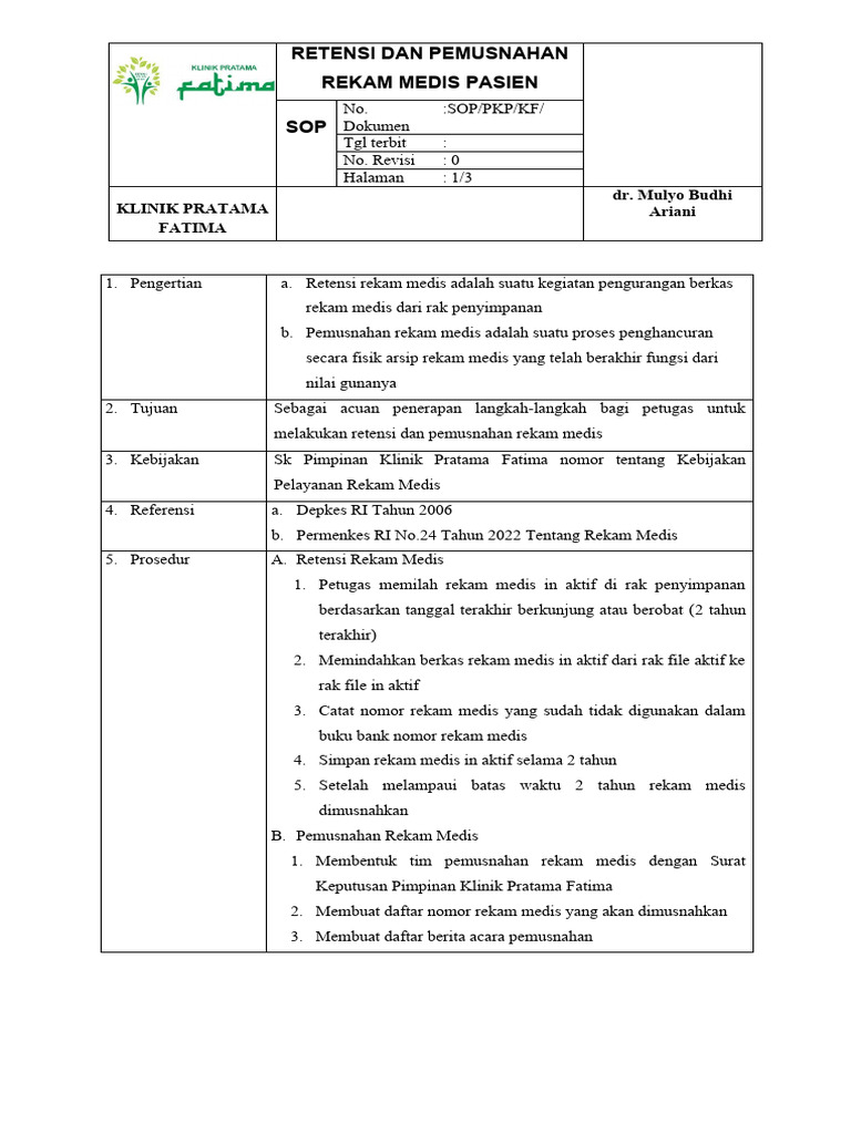 Sop Retensi Dan Pemusnahan Rekam Medis Pasien | PDF | Kesehatan Holistik