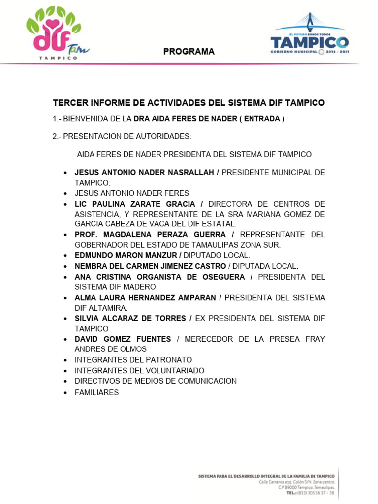 Programa Tercer Informe Dif Tampico (1) Ok Ok Ok Word | PDF