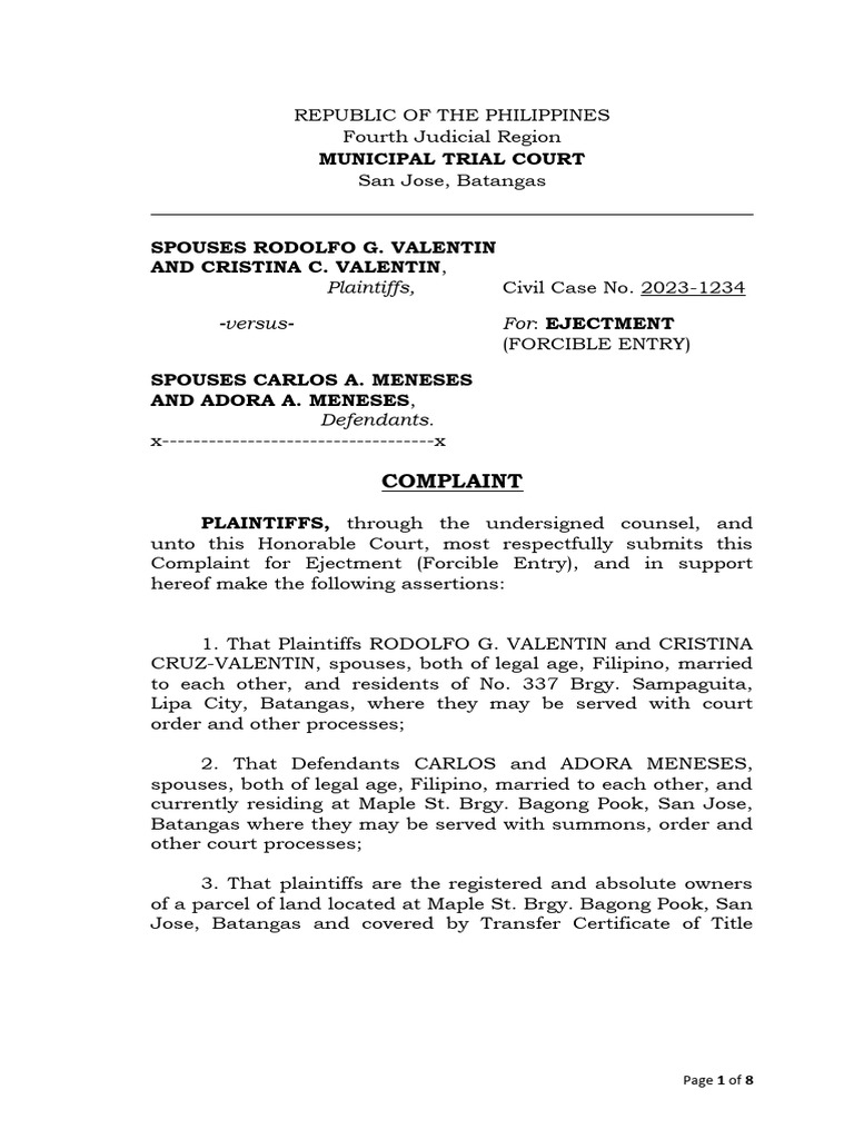 Complaint Ejectment Forcible Entry | Download Free PDF | Title ...