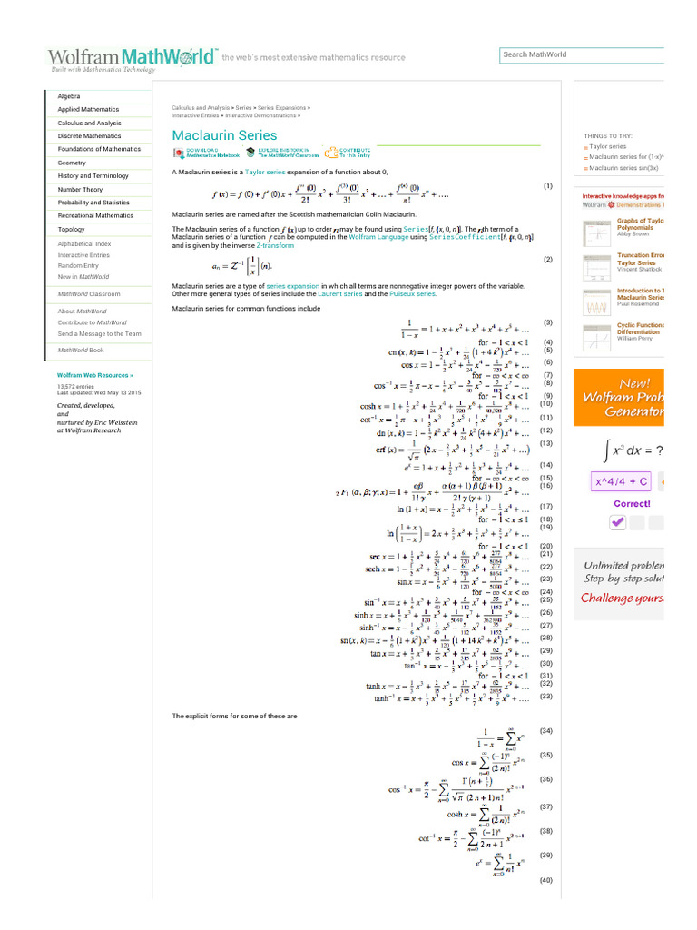 Maclaurin Series From Wolfram Mathworld Pdf Function Mathematics Mathematics