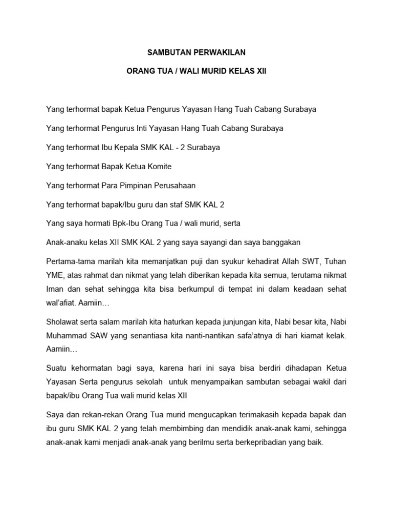 Sambutan Orang Tua Kelas XII SMK KAL 2 | PDF