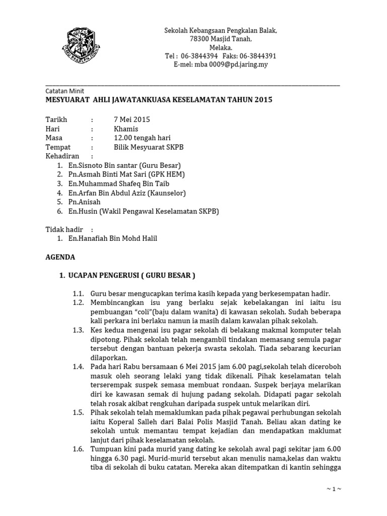 Minit Mesyuarat Keselamatan SKPB 2015 | PDF