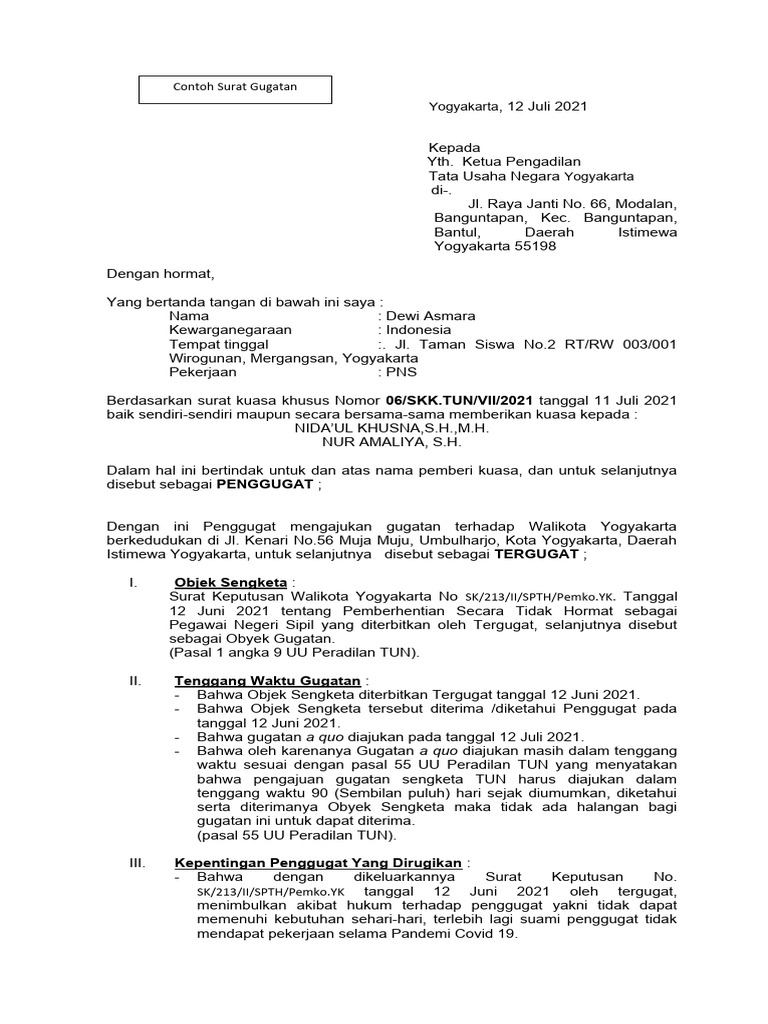 Contoh Surat Gugatan PTUN Pemberhentian PNS | PDF