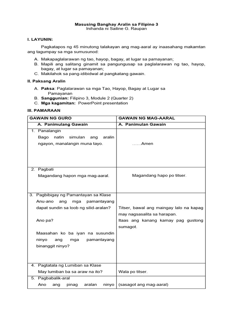 Masusing Banghay Aralin Sa Filipino | PDF