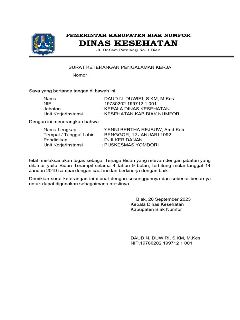 Surat Pengalaman Kerja KK Yeni DN Ningsi | PDF