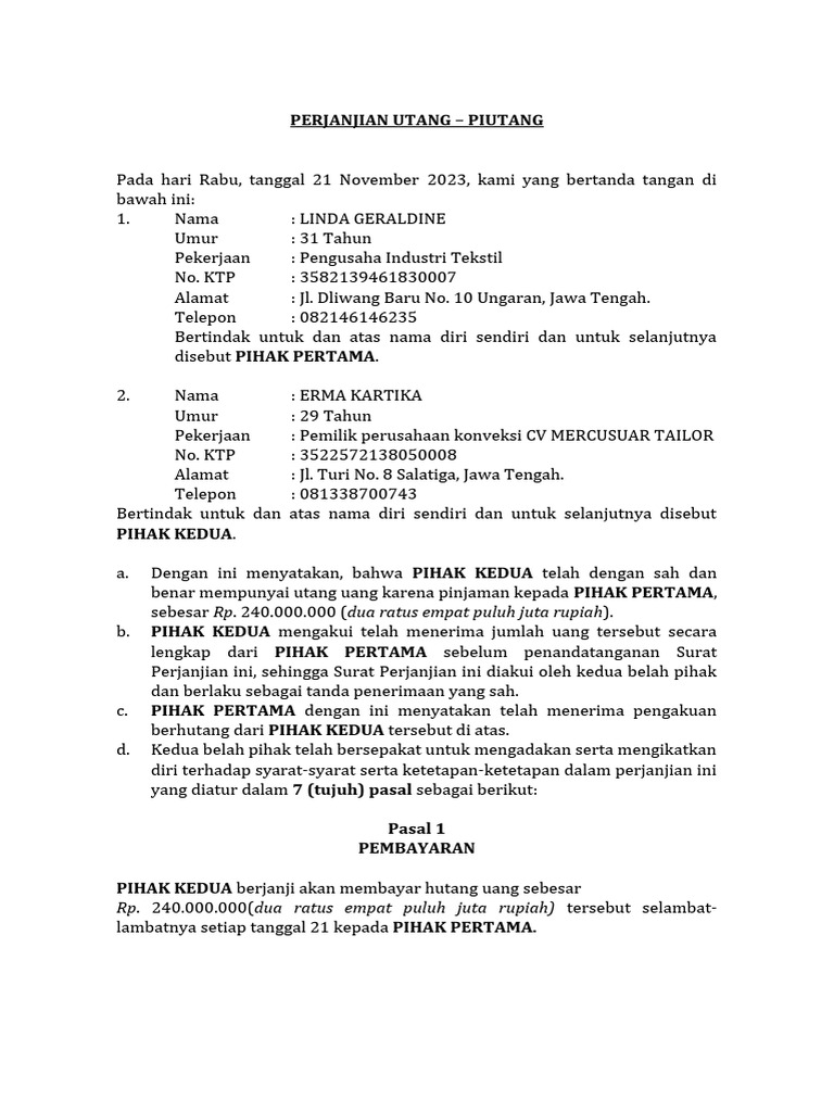 Perjanjian Utang Piutang - Shelllya | PDF | Pengelolaan Keuangan & Uang