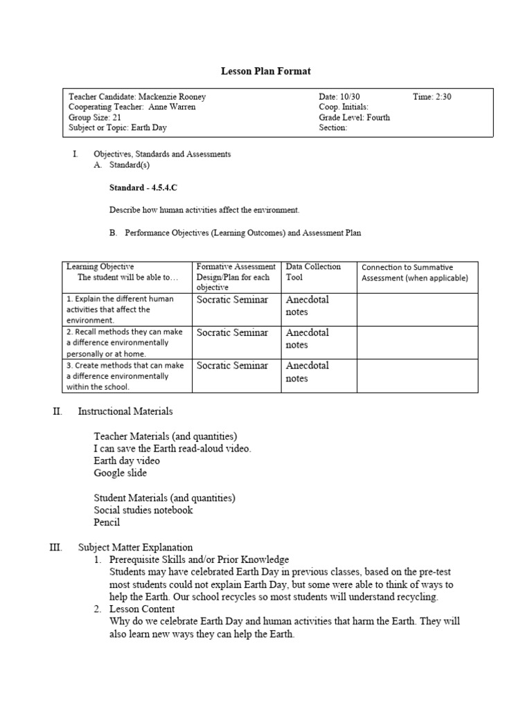 Earth Day Lesson Plan | PDF | Cognition | Education Theory