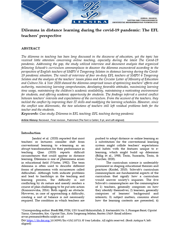 Revised Dilemma in Distance Learning During The Covid-19 Pandemic The ... Revised Dilemma in Distance Learning During The Covid-19 Pandemic The ...
