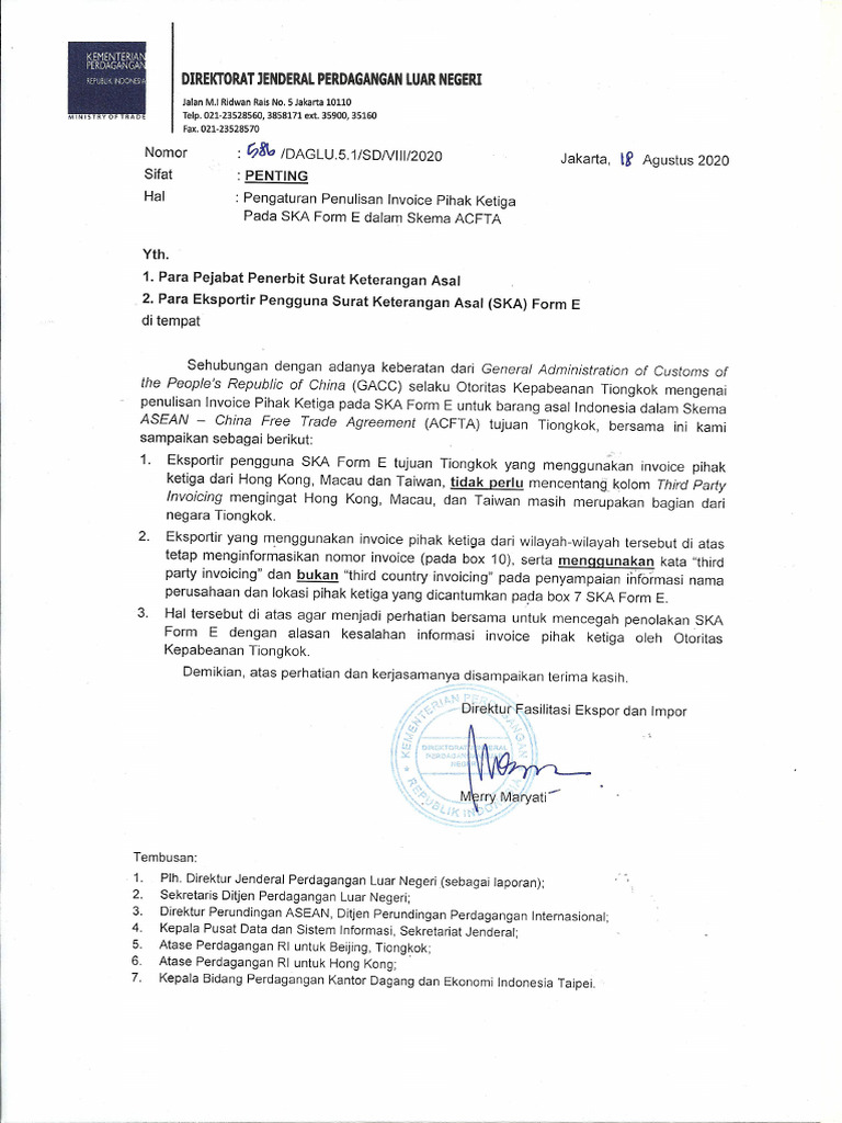 SE 586 - Pengaturan Penulisan Invoice Pihak Ketiga Pada SKA Form E Dalam Skema ACFTA | PDF