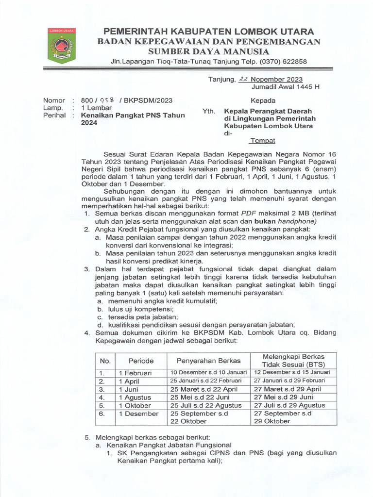 Surat Edaran Kenaikan Pangkat PNS Tahun 2024 | PDF
